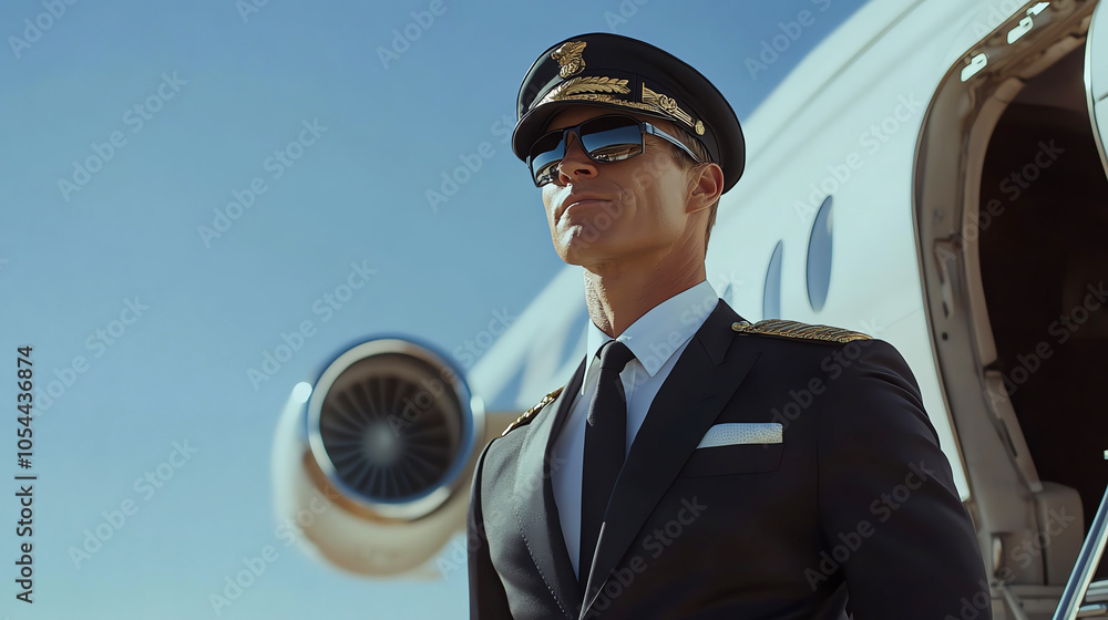 Private jet pilot in a sleek uniform, standing by the aircraft, private ...
