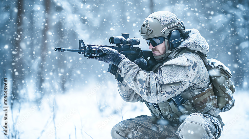 Soldier crouched in combat gear, holding a rifle and scanning the ...