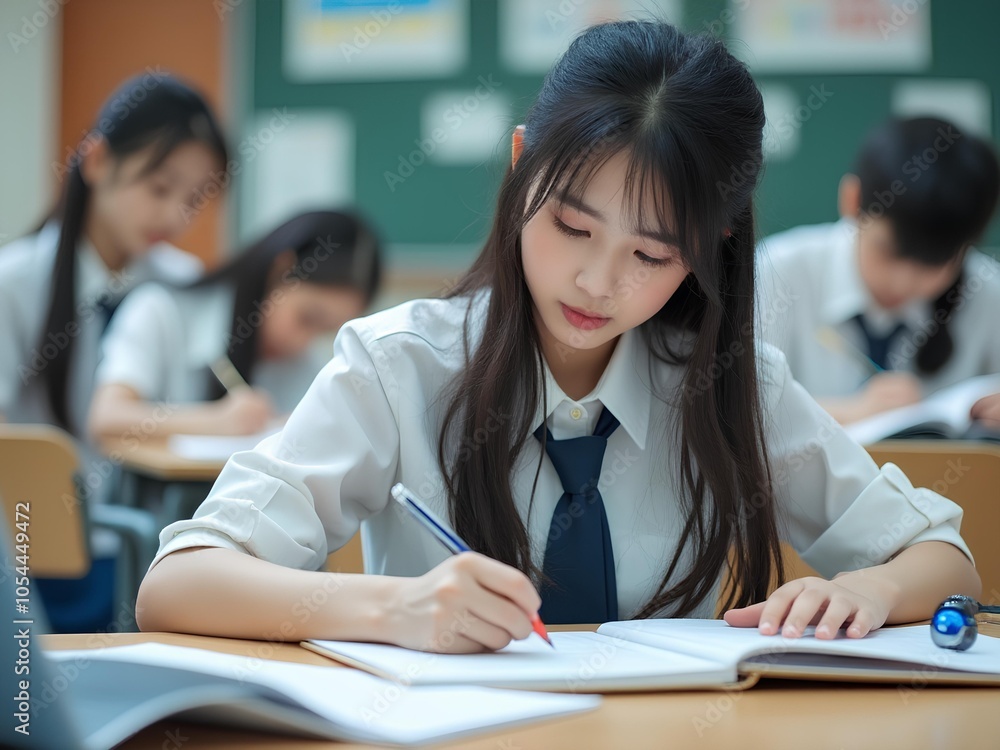 Hardworking beautiful Chinese Asian girl middle school student with ...