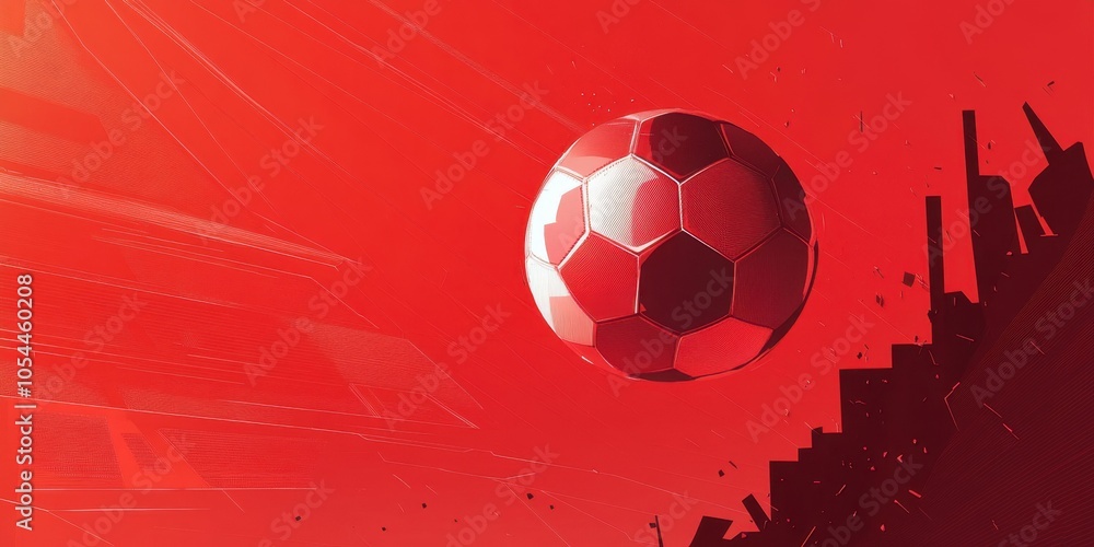 Red background, soccer ball pattern in the center of the image abstract ...