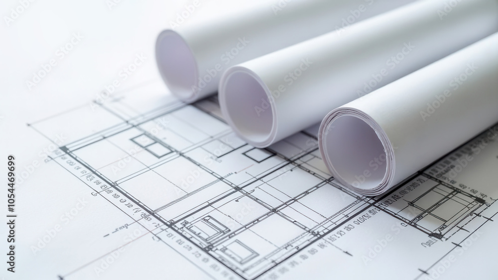 Rolled blueprints are lying on unfolded construction plans, showing ...
