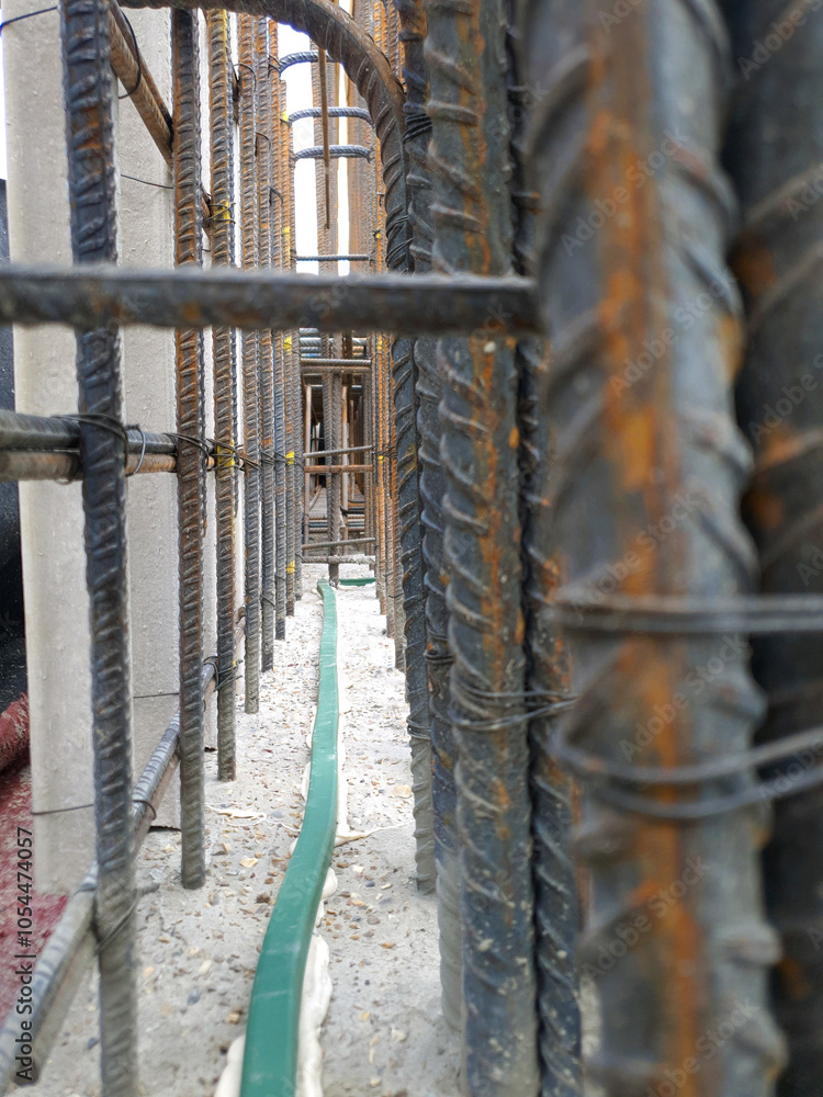 Close-up of hydrophilic waterstop and reinforced rebar structure in ...