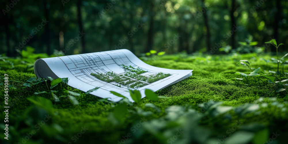 An open blueprint of an eco-friendly structure is displayed on a bed of ...