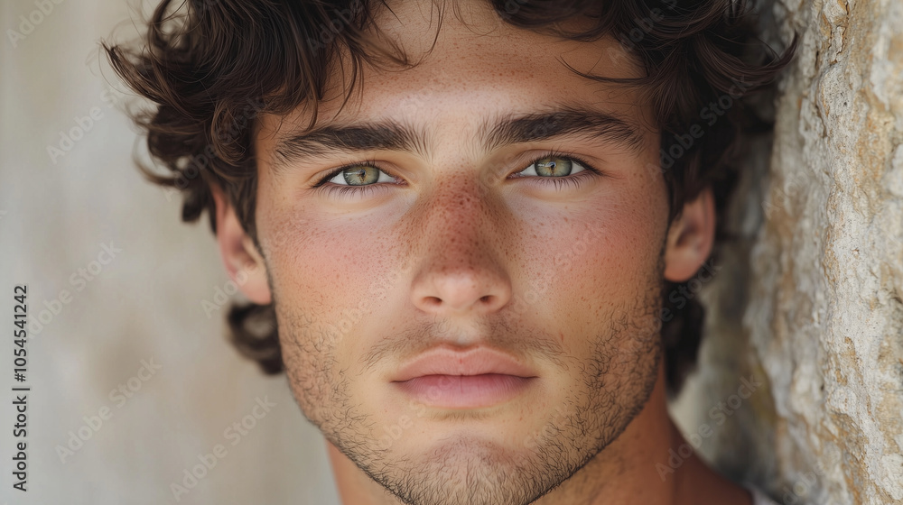 Ultra-realistic photograph of a young, handsome European man with fair ...