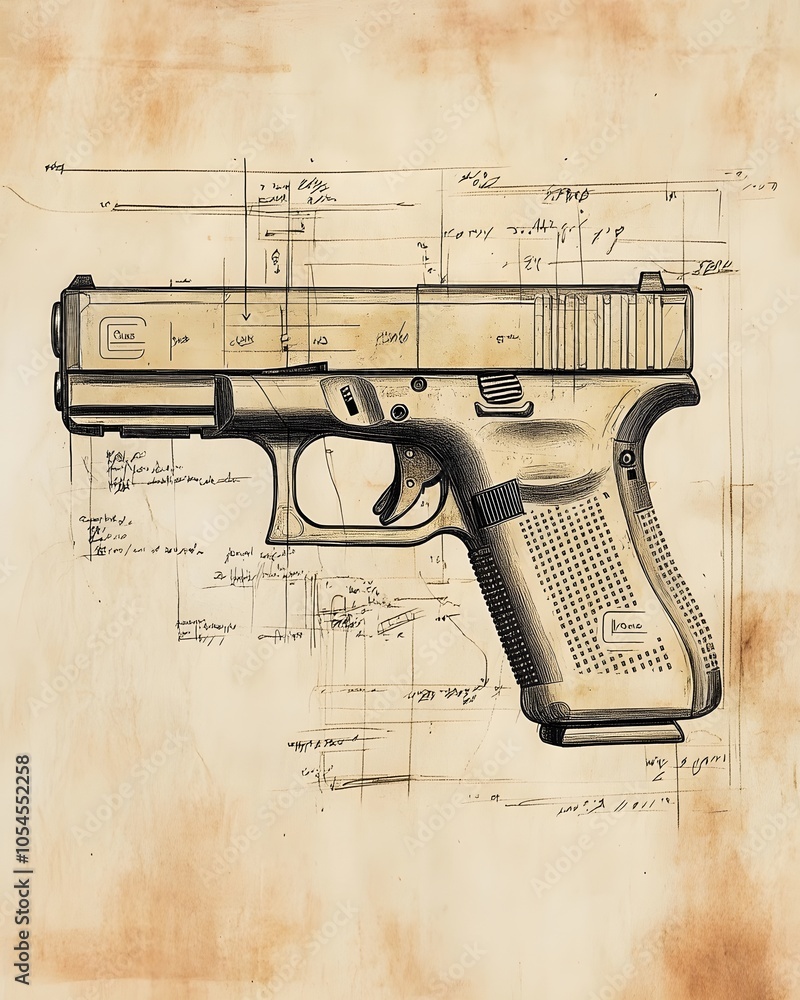 An engineering drawing of the Glock pistol, with notes and annotations ...
