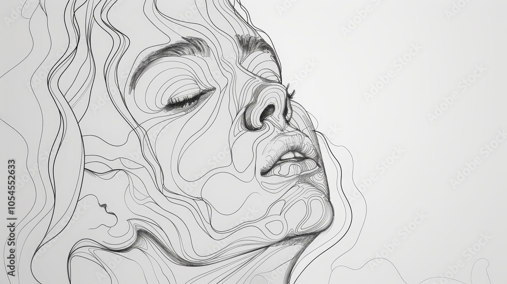 An intricate abstract line drawing forms a beautiful face with closed ...