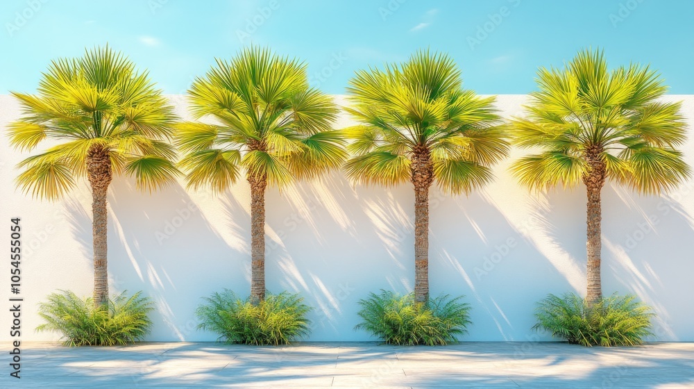 Four palm trees stand in front of a white wall, their shadows ...