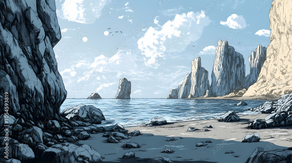 Movie Storyboard: A detailed movie storyboard with coastal and rocky ...