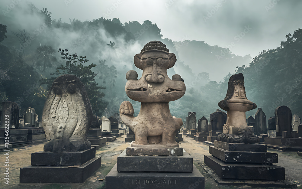 Stone statues in a graveyard muted brown and grey misty atmosphere ...