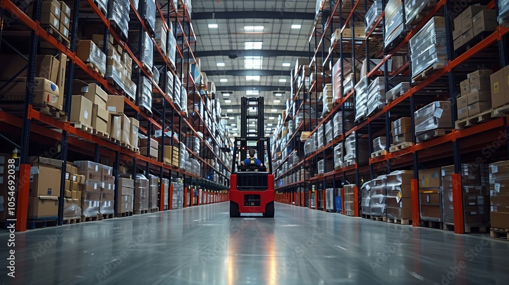 Forklift moving pallets in modern warehouse. Forklift transports ...