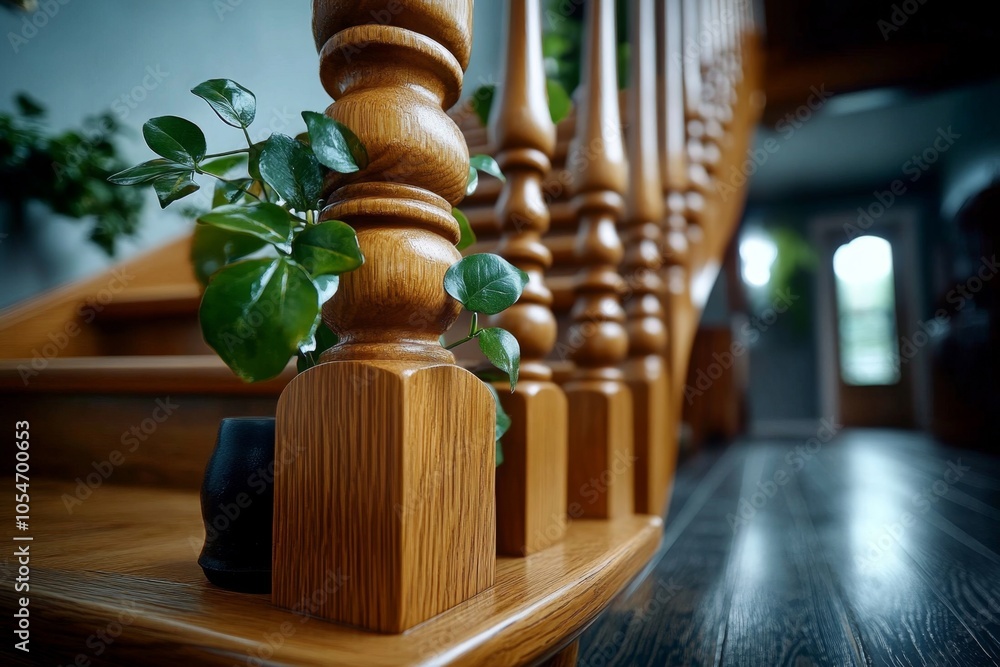Polished wooden banisters in a historic home, with the soft shine ...