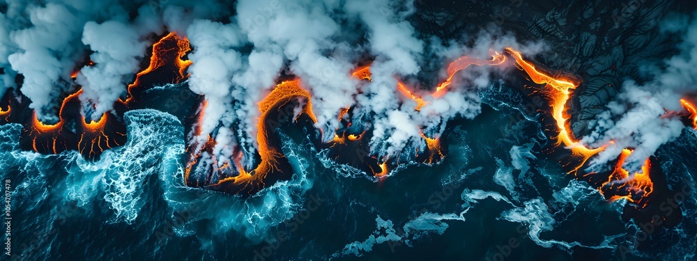 Underwater volcanic eruption process. Landscape of volcano with ...