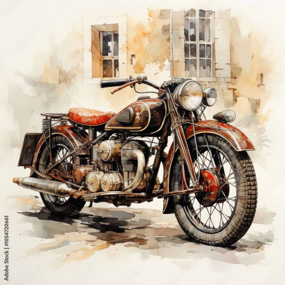 Vintage motorcycle with red seat is parked in front of rustic building ...