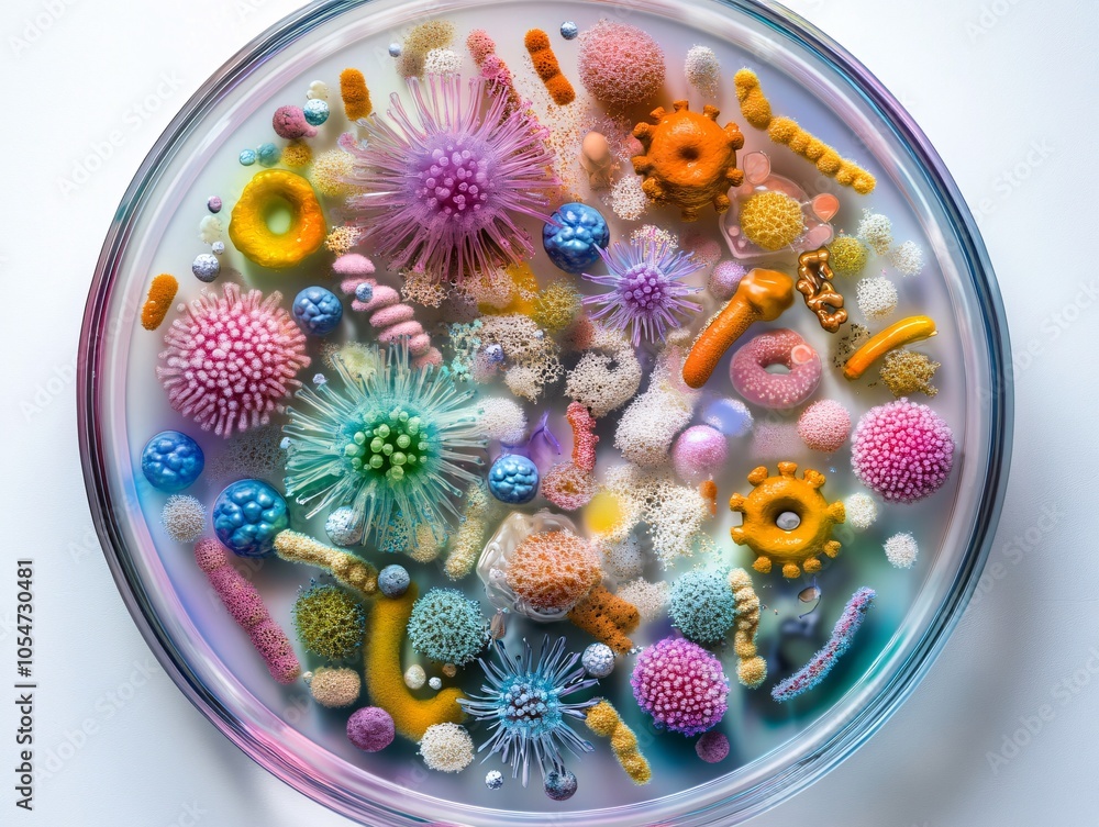A vibrant collection of colorful microorganisms in a glass dish ...