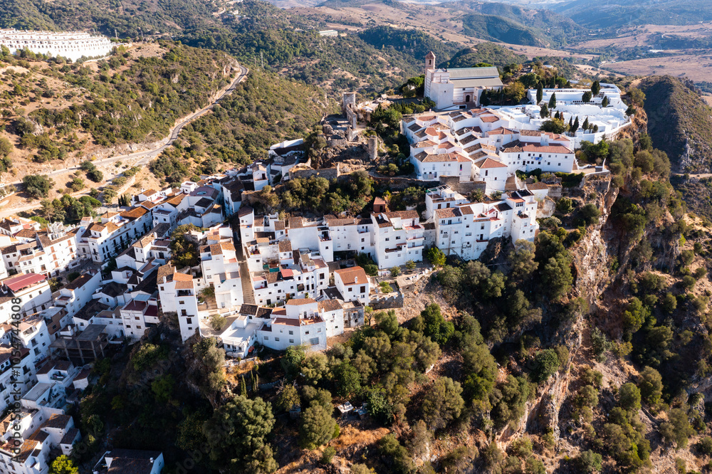 Scenic aerial view of small mountain Spanish village of Casares with ...