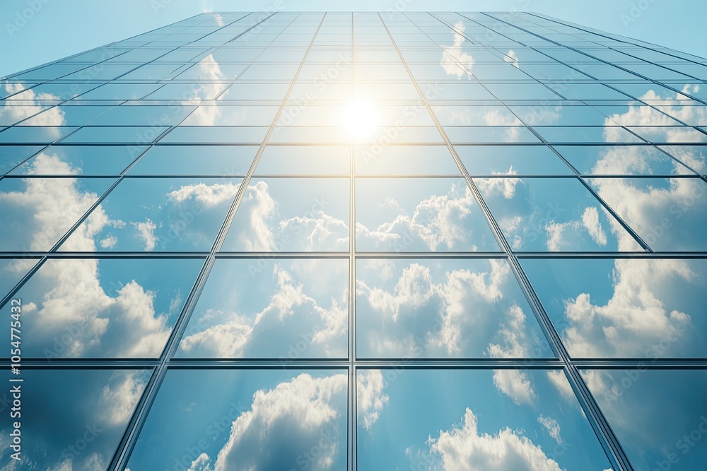 Glass building reflects blue sky. This photo captures the reflection of ...
