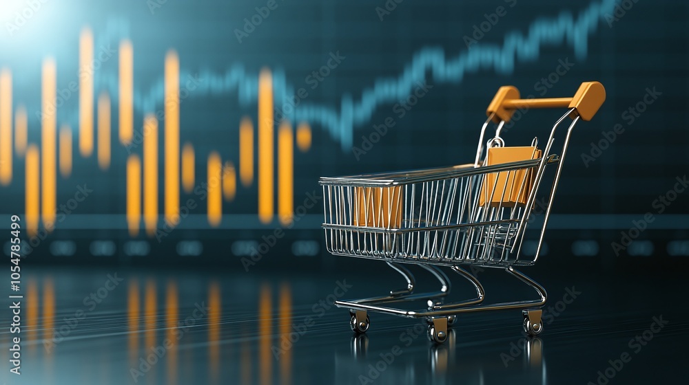 3D Uptrend Chart with Shopping Cart Icon: A modern 3D chart with a blue ...