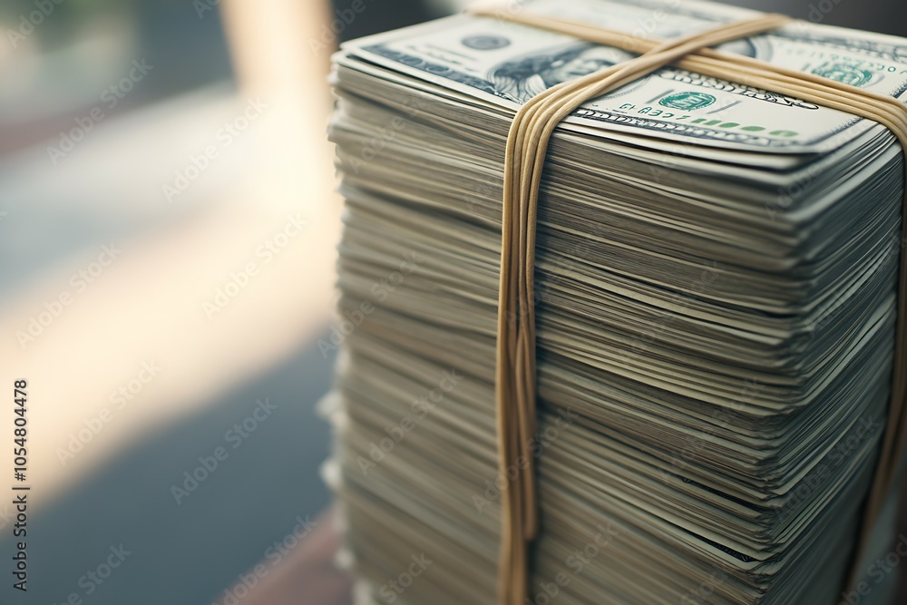 Tall stack of tightly bound United States dollar bundles symbolizing ...
