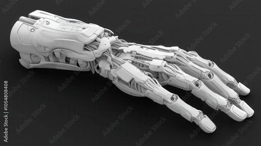 3D printed model of a robotic hand, medical illustration showing its ...