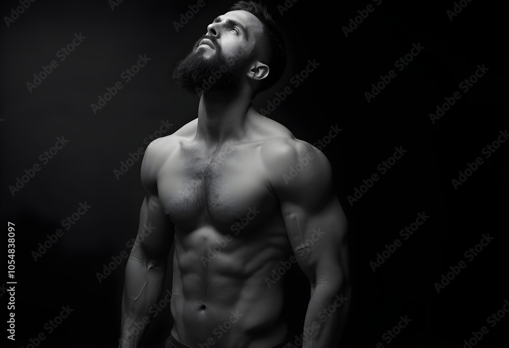 muscular man with beard gazes upward against dark background ...