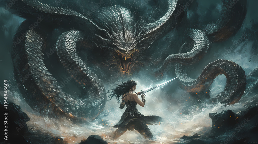 Girl warrior with a sword defeats a many-headed monster. Hydra in ...