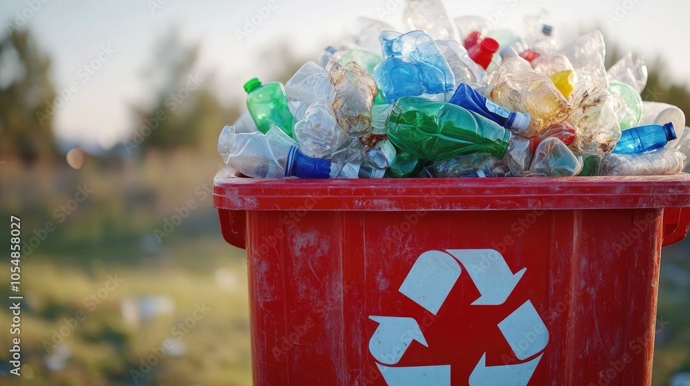 An impactful image showing a recycling bin filled with plastic waste ...