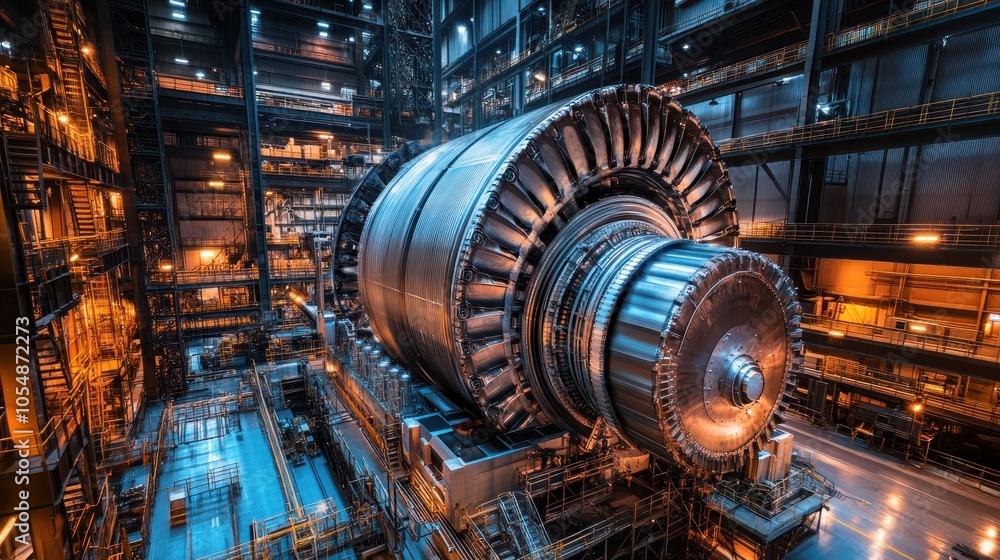 Industrial engine room interior. Industrial power plant main generator ...