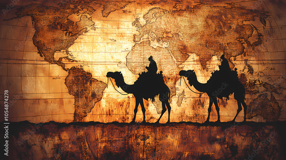 The camel's silhouette cast over the ancient trade route map embodies ...