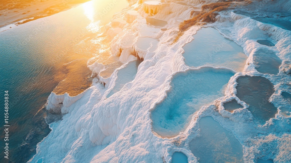 Aerial view of Pamukkale natural hot springs, with the striking white ...