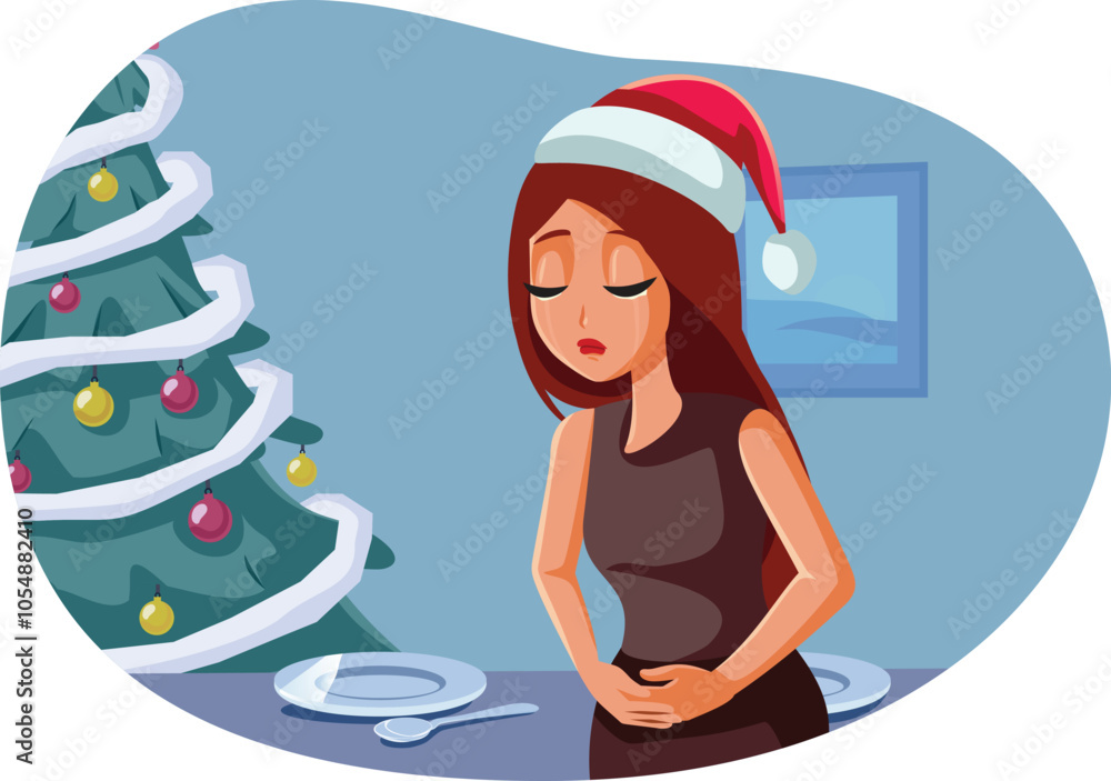 Woman Suffering from Belly Ache After Christmas Dinner Vector Cartoon ...