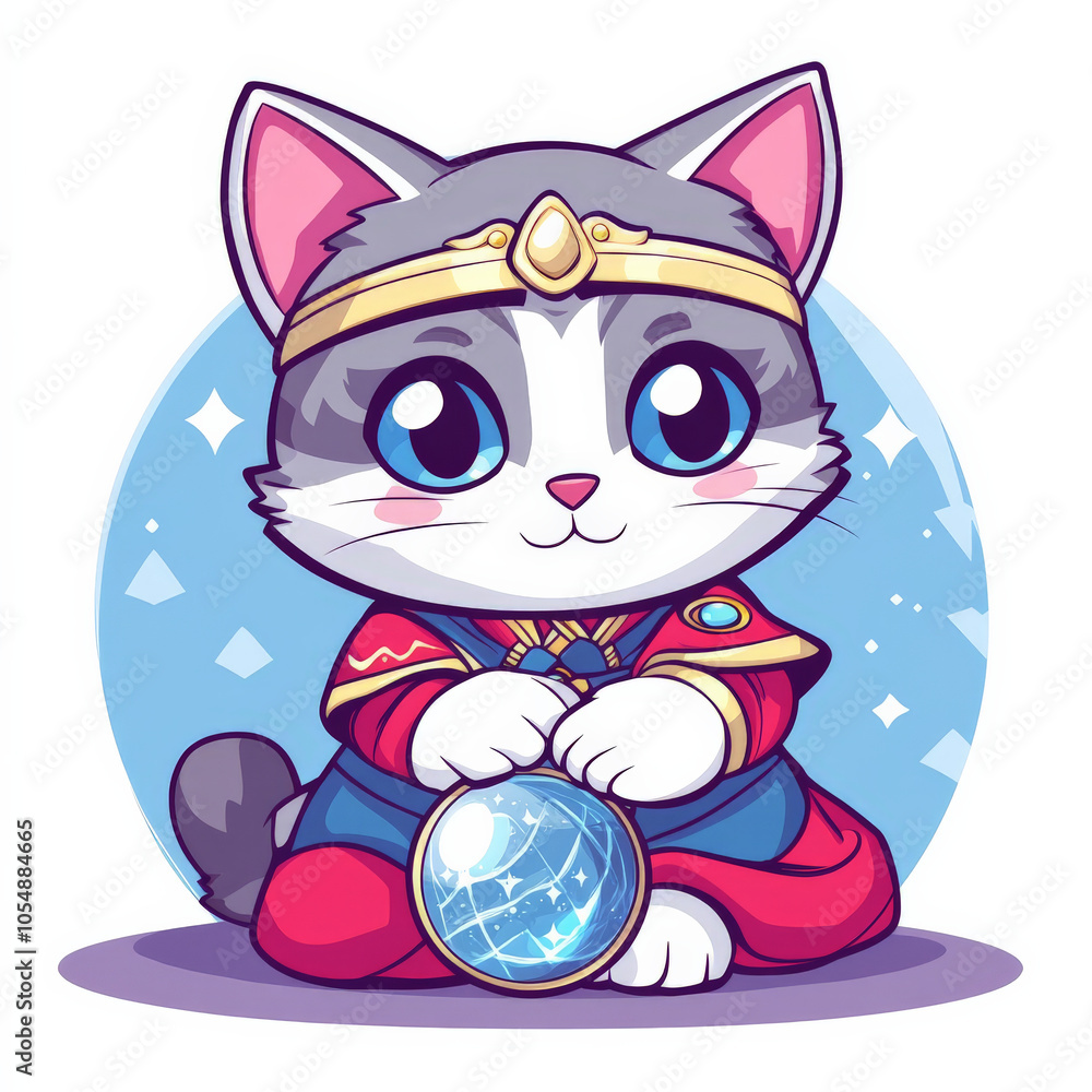 Cute cat fortune teller with crystal ball in colorful outfit, exuding ...