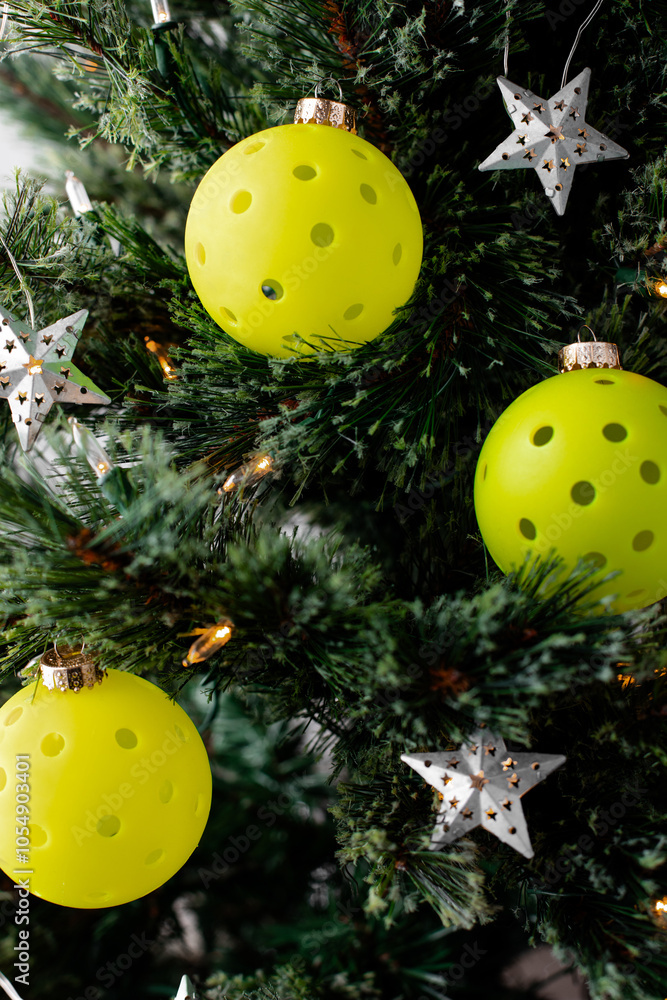 Close view of a Christmas tree with pickleballs as ornaments and ...