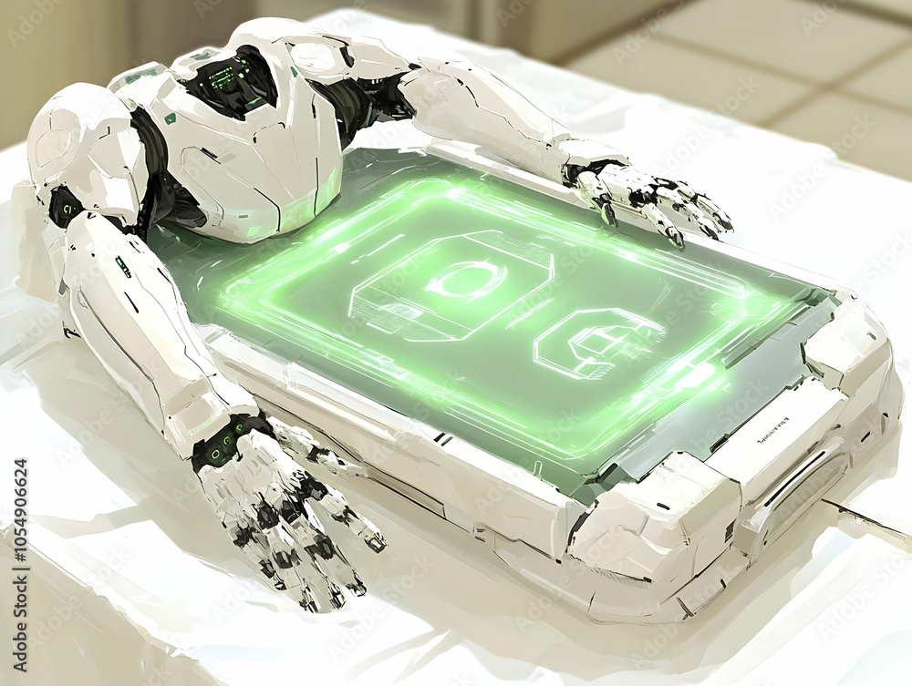 Flat Holographic Robotic Arm Hovering Over Futuristic Desk Concept ...