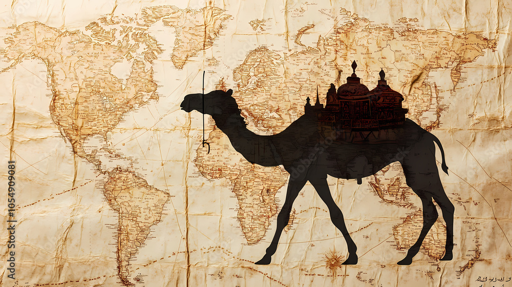 The camel's silhouette cast over the ancient trade route map embodies ...