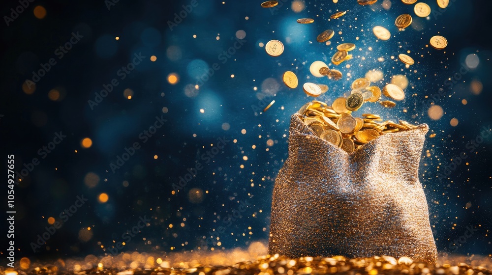 Conceptual photo of a money bag spewing out gold coins, representing ...