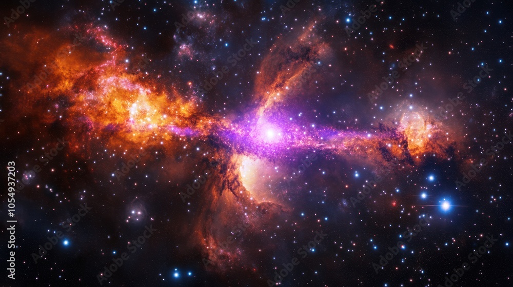 Radio galaxy emitting powerful radio waves, its glowing lobes ...