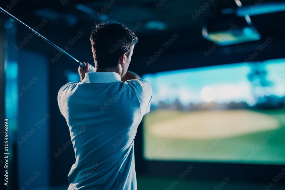 Closeup of a professional male golfer practicing in an indoor golf ...