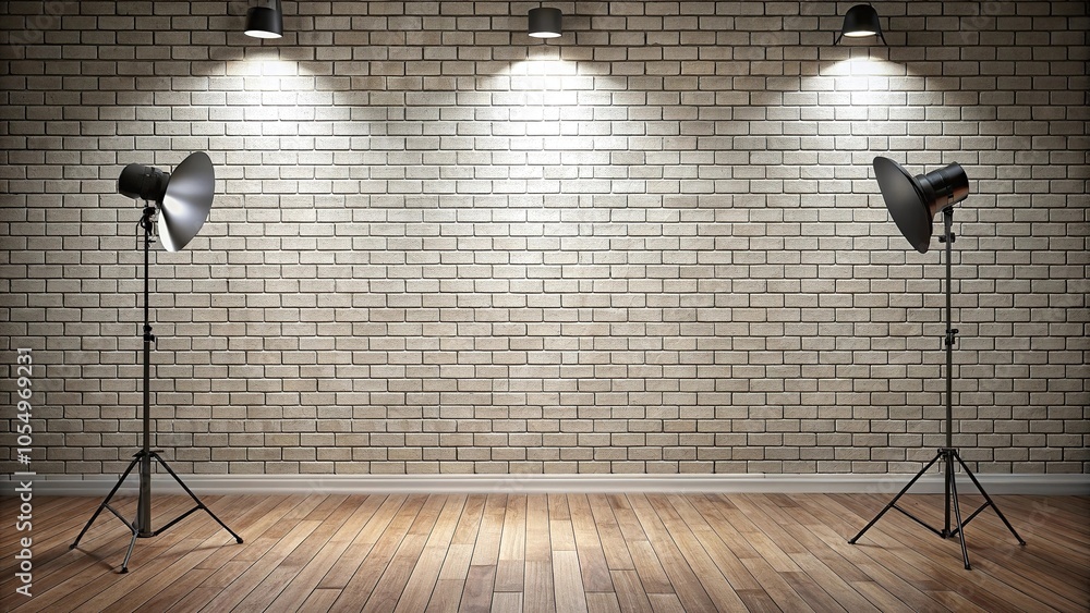 White brick studio background with three black lights and wood flooring ...