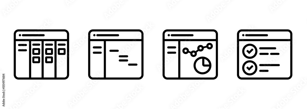 Project management software icon set stroke outline illustration symbol ...