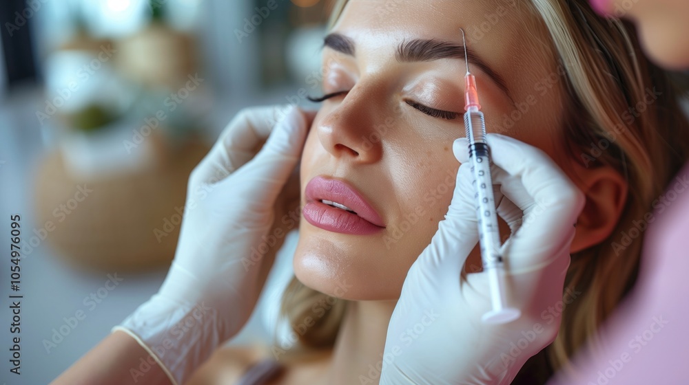 A profile view of a woman receiving a Botox injection in her cheek or ...