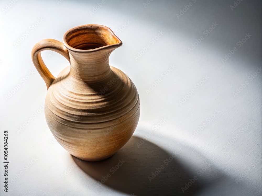 Aerial perspective of a single clay jug against a white background ...
