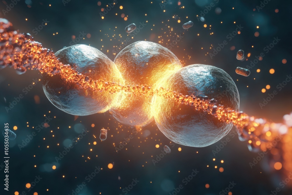 A digital illustration of a cell division process, showing chromosomes ...