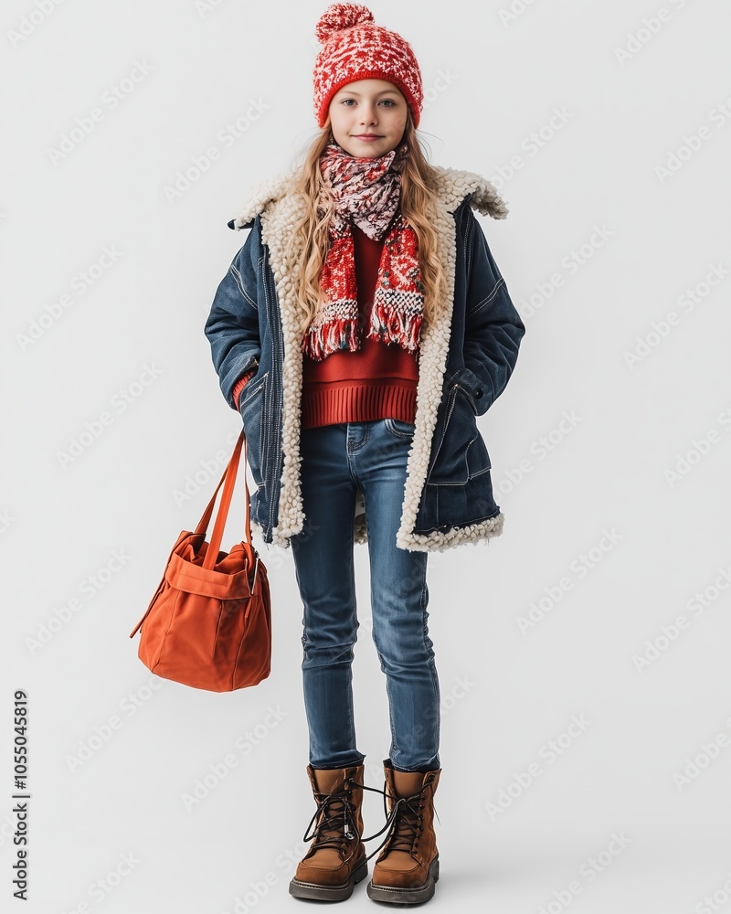 Stylish Young Girl in Winter Outfit with Cozy Jacket, Knit Hat, Scarf ...