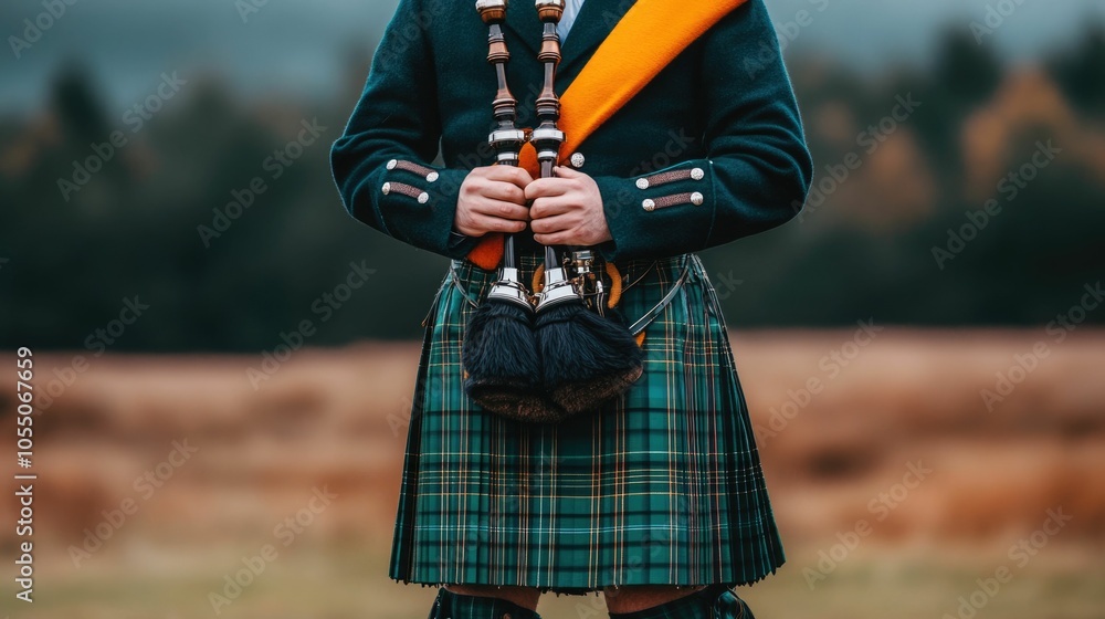 Scottish Bagpiper in Full Kilt Regalia Playing Traditional Bagpipes ...