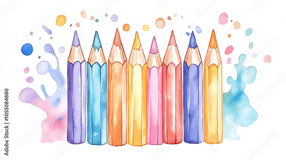 Hand-painted watercolor clipart of vibrant colored pencils with ...
