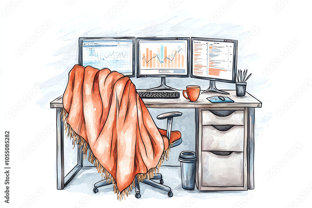 Cozy watercolor clipart of a work desk setup with multiple screens ...