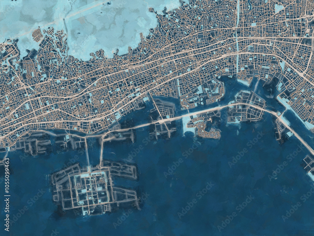 Painterly Style City Map of Ashiya, Japan in a Blue Color Scheme. Stock ...