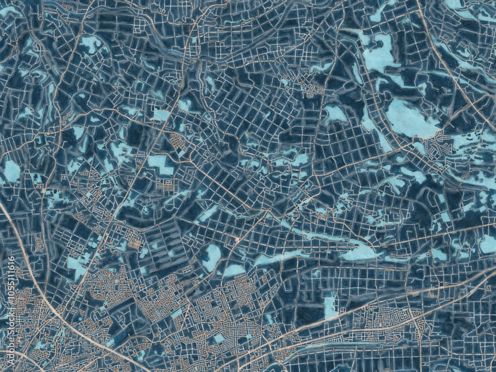 Painterly Style City Map of Koshi, Japan in a Blue Color Scheme. Stock ...