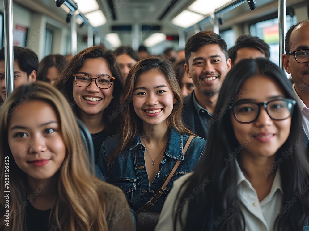 Diverse group of people on a public transport system, with happy ...