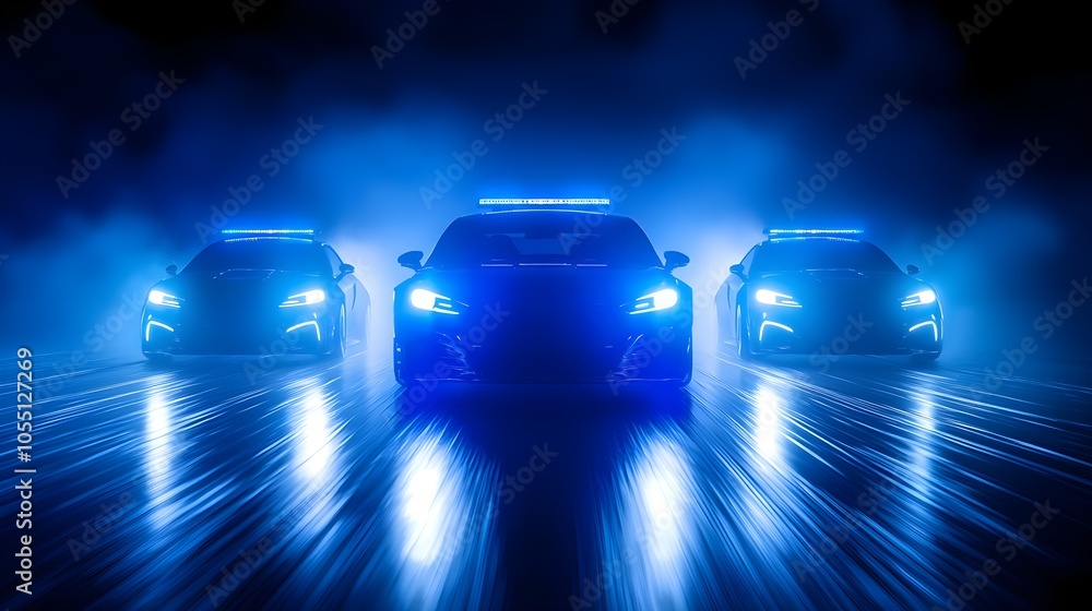 Police cars chasing a vehicle through thick fog, intense headlights ...